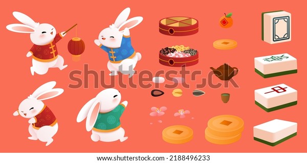 Vektor Stok 2023 Cny Elements Rabbits Traditional Clothing (Tanpa ...