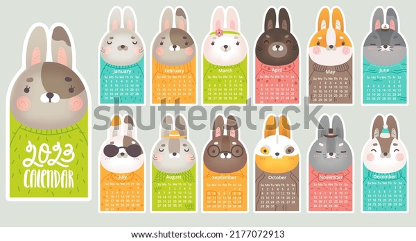 Stock vektor „2023 Monthly Calendar Illustrations Cute Rabbits“ (bez ...