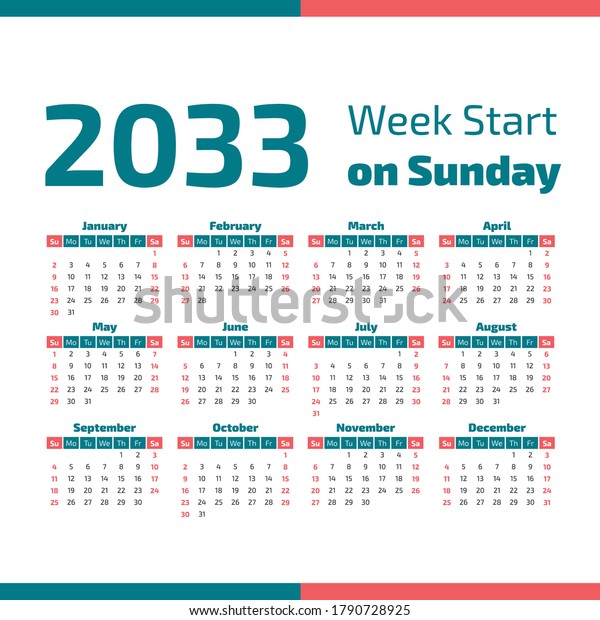 2033 Calendar Weeks Start On Sunday Stock Vector (Royalty Free ...
