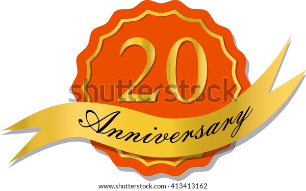 20th anniversary badge with shadow on red starburst and yellow number ...
