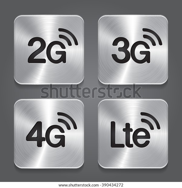Símbolos tecnológicos 2G, 3G, 4G y LTE. Icono de botón de metal.