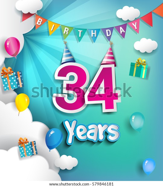 34th Anniversary Celebration Design Clouds Balloons Stock Vector ...