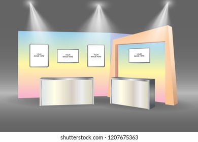 3d Booth Exhibition Receptionist Table Backdrop Stock Vector (Royalty ...