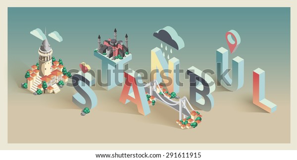 3d Isometric Typographic Istanbul Postcard Stock Vector (Royalty Free ...
