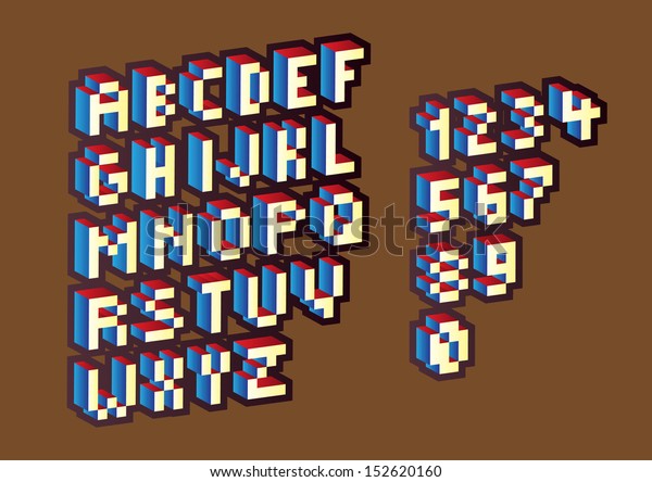 3D pixel alphabet letters and numbers - illustration