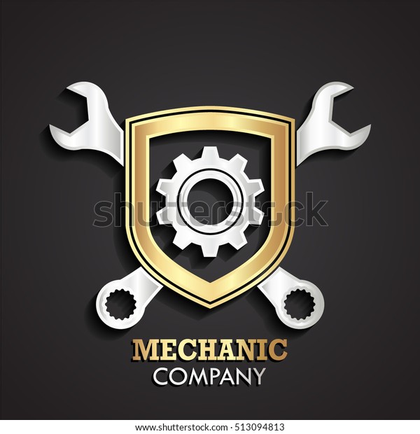 Logotipo del tema mecánico de oro plateado 3d con equipo de protección ...