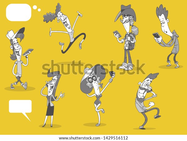 7 Modern Cartoon Characters Grayscale Using Stock Vector (Royalty Free ...