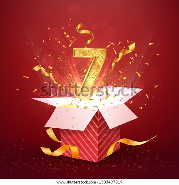 7 th year number anniversary and open gift box with explosions confetti ...