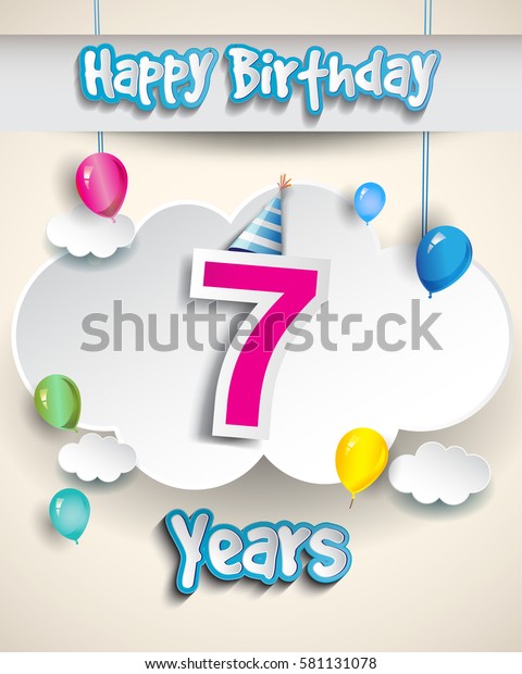 7th Birthday Celebration Design Clouds Balloons Stock Vector (Royalty ...