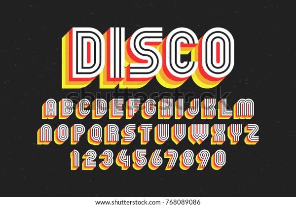 80's retro font, disco style, alphabet and numbers vector illustration