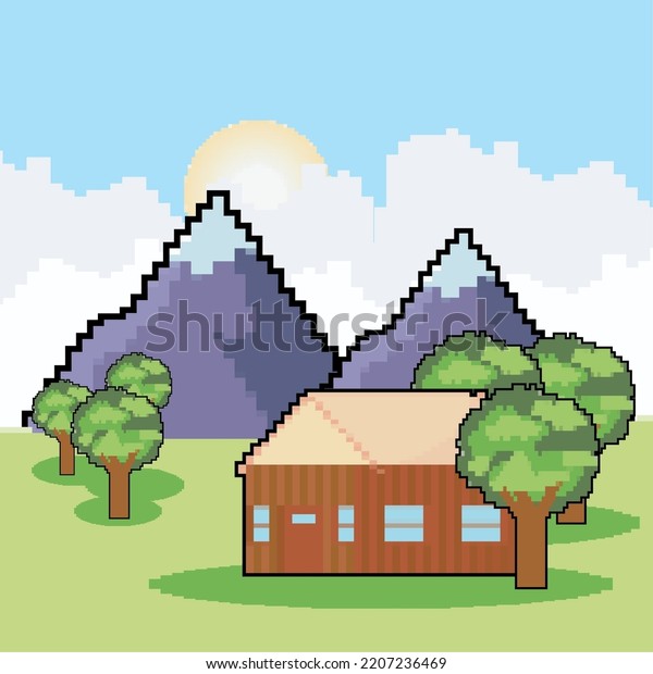 8bit Landscape Poster House Mountain Stock Vector (Royalty Free ...