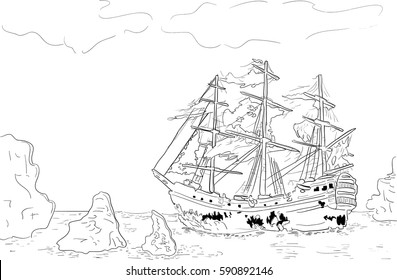 Abandoned Pirate Ship Torn Sails Vector Stock Vector (Royalty Free ...