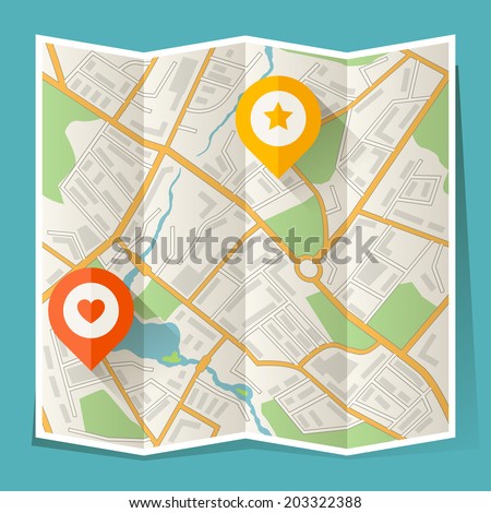 Abstract City Folded Map Location Markers Stock Vector (Royalty Free ...