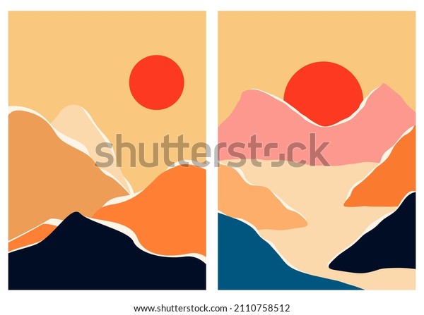 Abstract Contemporary Landscape Posters Set Mid Stock Vector Royalty
