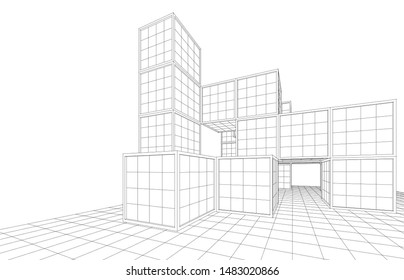 Perspective 3d Wireframe Building Stock Vector (Royalty Free) 618246950