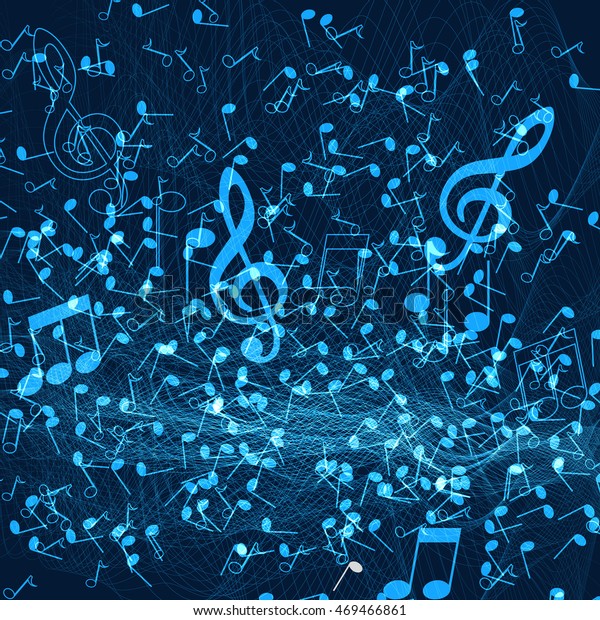 Abstract music background with musical notes and treble clef on dark ...