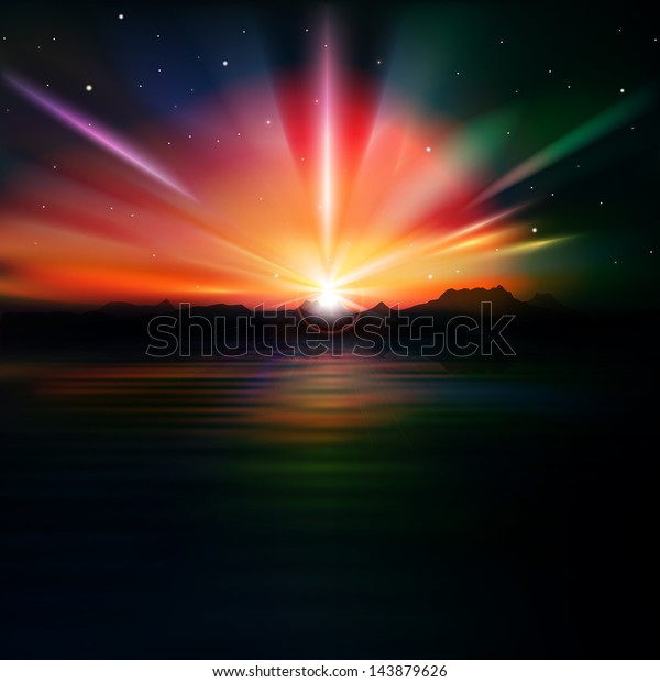 Abstract Red Sunrise Background Mountains Stars Stock Vector (Royalty ...