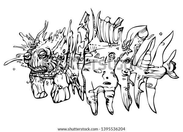Abstract Stylized Monster Fish Vector Illustration Stock Vector ...