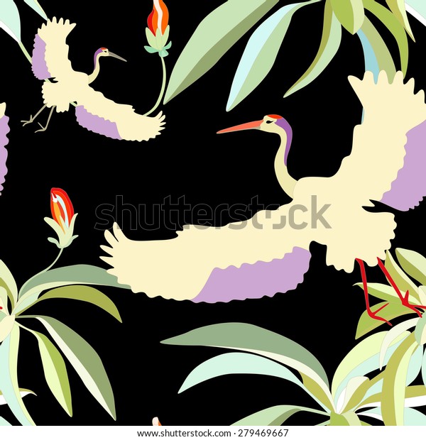 Abstract Tropical Illustration Two Cranes Pattern Stock Vector (Royalty ...