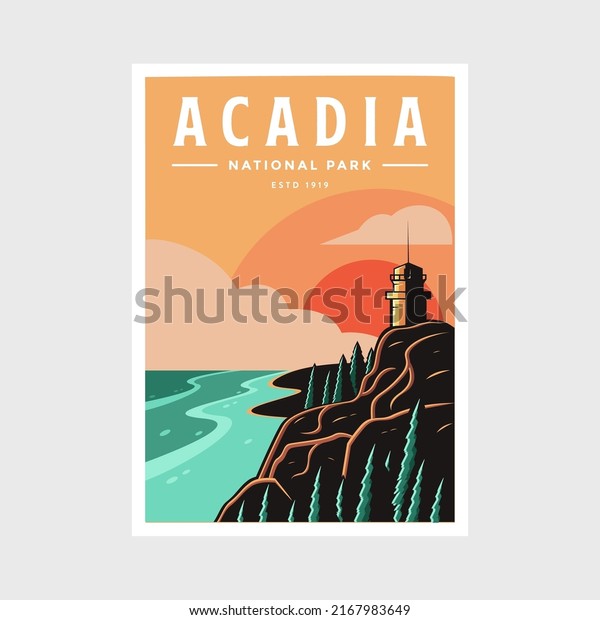 Vektor Stok Acadia National Park Poster Vector Illustration (Tanpa ...