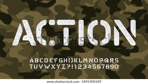 Action alphabet font. Stencil type letters and numbers on textile camo ...