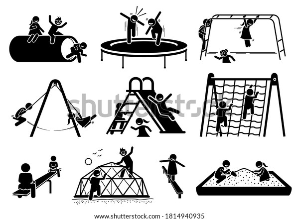 Active children playing at playground stick figures icons. Vector ...