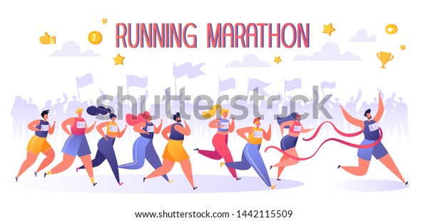 Active people characters running marathon distance. Healthy lifestyle ...