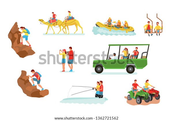 Active travel cartoon vector illustrations set. People hiking with ...