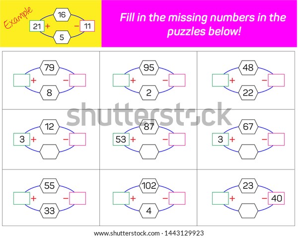 Addition Subtraction Fill Missing Numbers Puzzles: เวกเตอร์สต็อก (ปลอด ...
