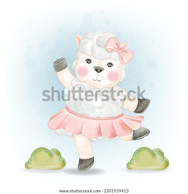 Adorable Dancing Sheep On Garden Watercolor Stock Vector (Royalty Free ...