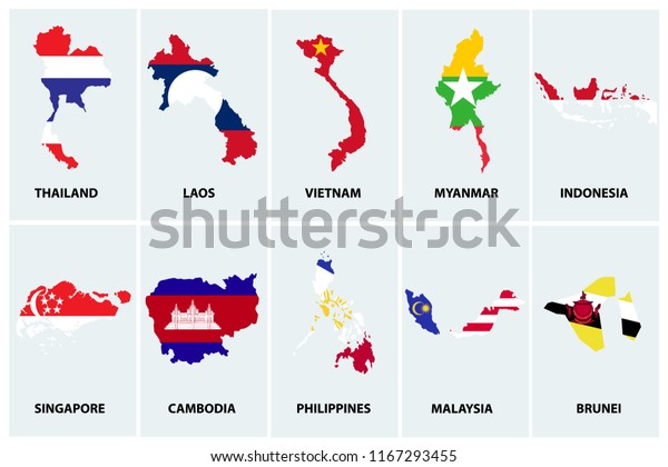 Aec Asean Economic Community Map With Flag Icons Set Vector Illustration