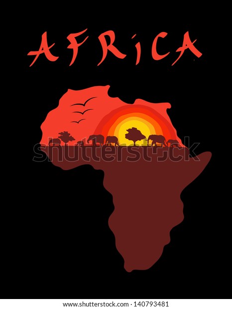 Africa Continent Elephant Sunset Vector Illustration 스톡 벡터(로열티 프리 ...