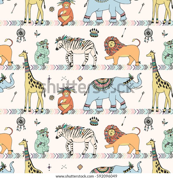 African Jungle Tribal Animals Vector Pattern: เวกเตอร์สต็อก (ปลอดค่า ...
