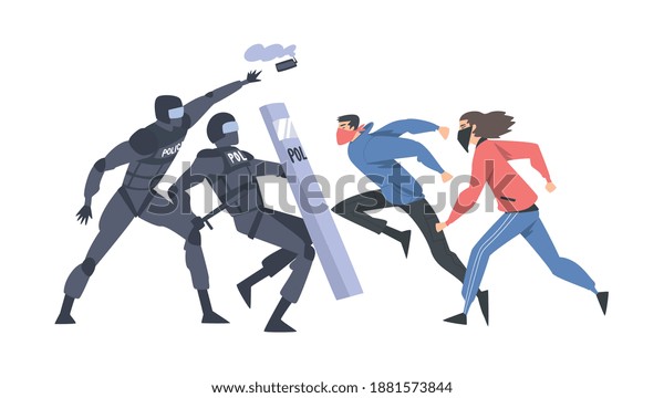 Aggressive Man Rioters Fighting Armed Police Stock Vector (Royalty Free ...