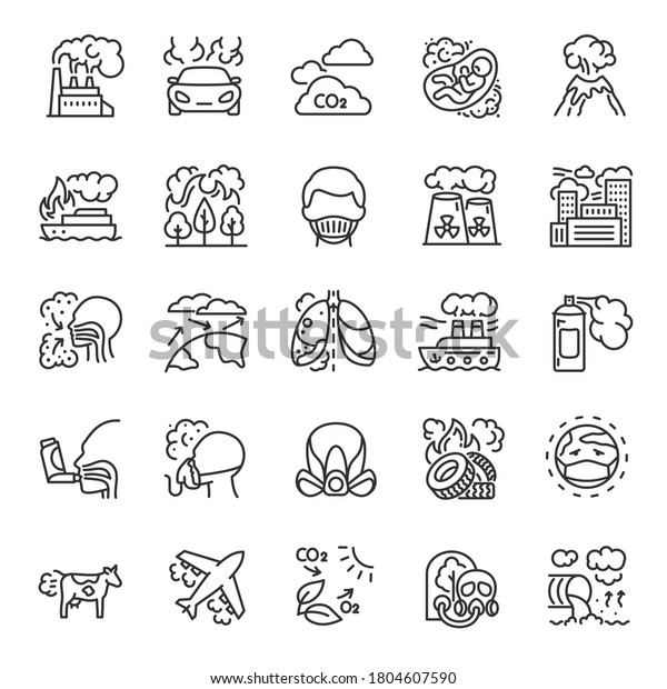 Air pollution, icon set. harmful or excessive quantities of substances ...