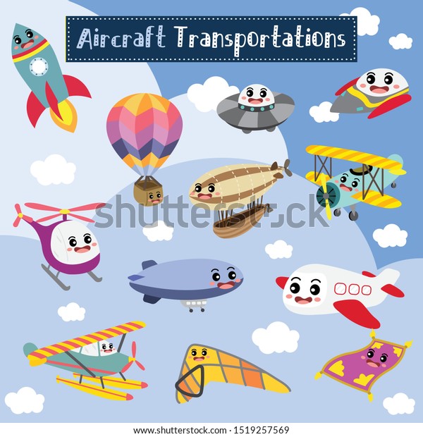 Aircraft Transportations Cartoon Set Sky Background: เวกเตอร์สต็อก ...