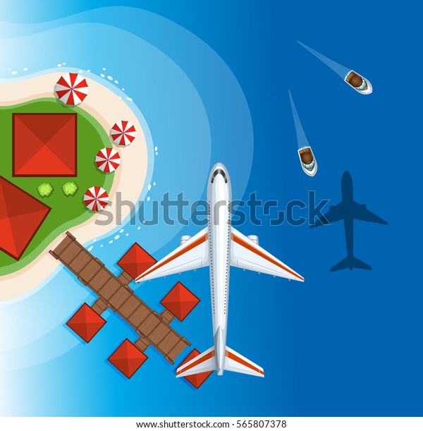 Airplane Flying Over Ocean Illustration Stock Vector (Royalty Free ...