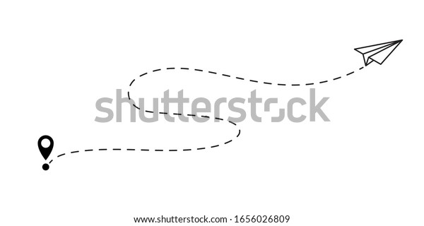 Airplane path with dashed flight route path trace. Vector paper plane ... Airplane path with dashed flight route path trace. Vector paper plane ...