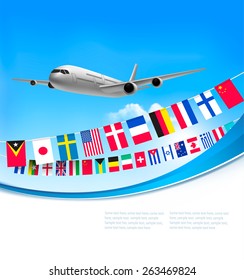 Airplane Travel Background Flags Different Countries Stock Vector ...