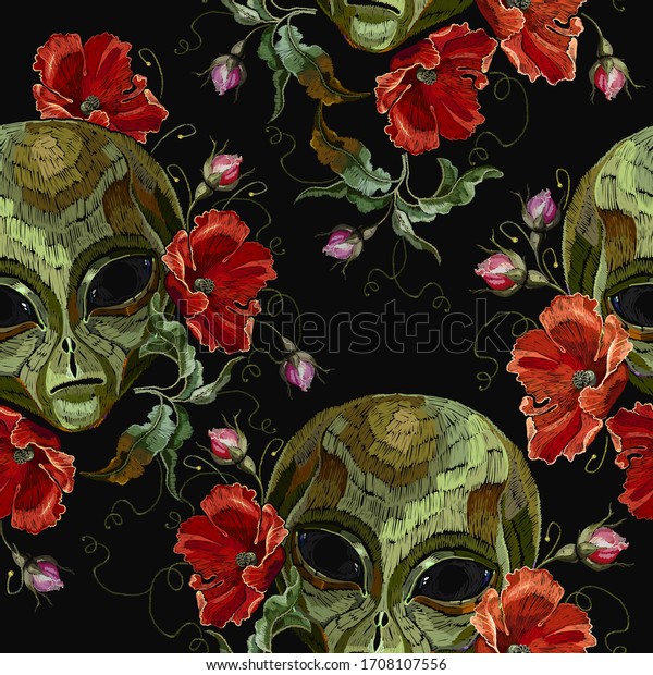 Alien Head Red Roses Flowers Embroidery Stock Vector (Royalty Free ...