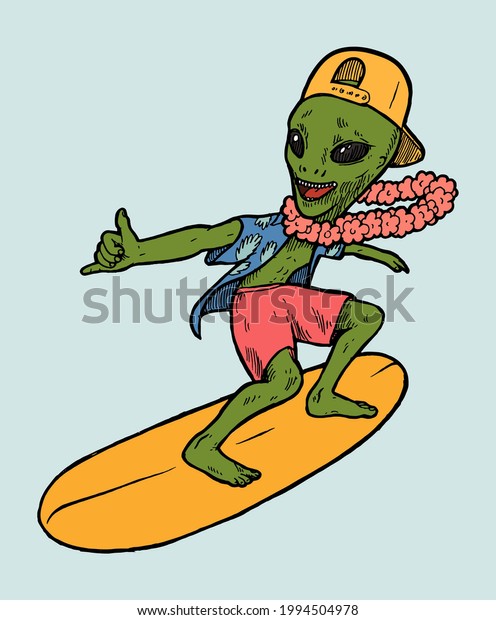 Alien Surfing Shaka Alien Kid Surfing: เวกเตอร์สต็อก (ปลอดค่าลิขสิทธิ์ ...