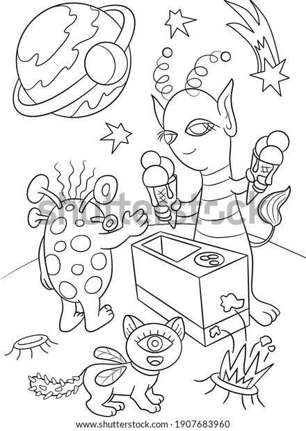Aliens coloring page. Space background. Universe illustration. Children ...