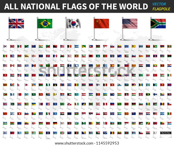 All national flags of the world . Realistic waving fabric with flagpole ...