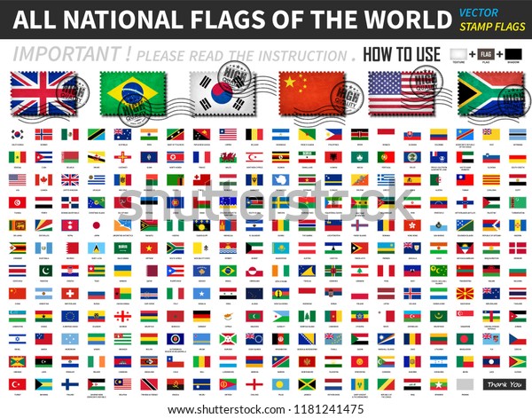 All official national flags of the world . Old stamp shape design with ...