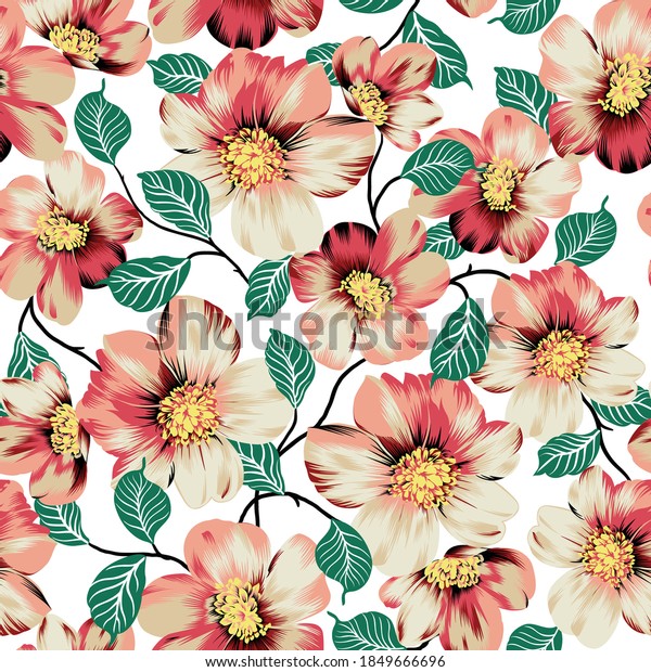 All Over Vector Flowers Green Leaves Stok Vektör (Telifsiz) 1849666696 ...
