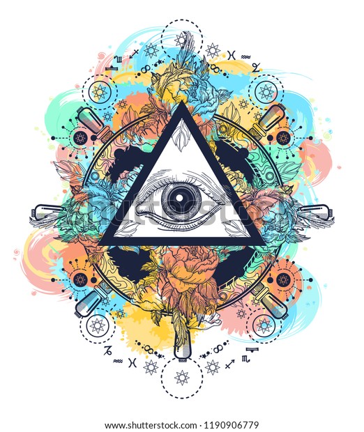 All seeing eye pyramid tattoo art watercolor splashes style. Freemason ...