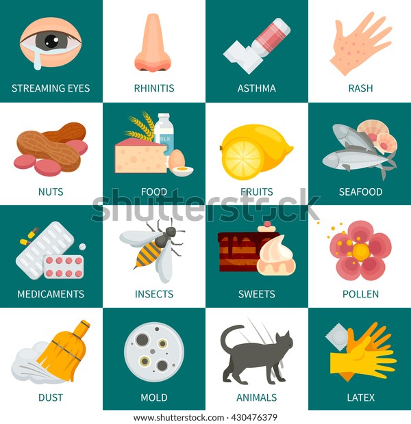 Allergy Flat Square Icons Set Isolated Stock Vector (Royalty Free ...