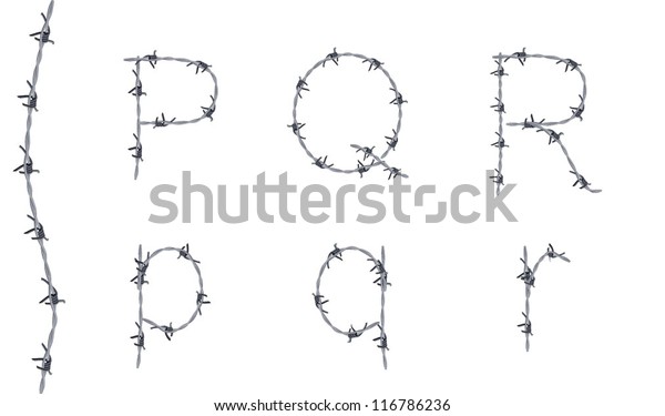 Alphabet of barbed wire, font, letters P Q R, very detailed