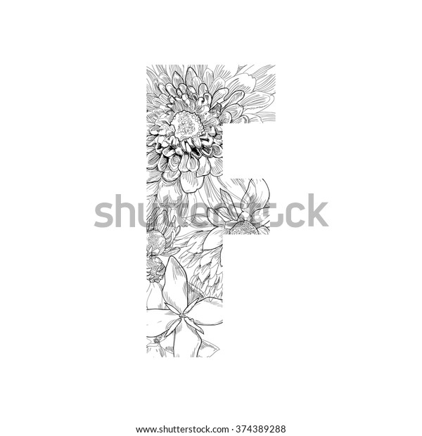 Alphabet from flowers drawing vector - letter F.