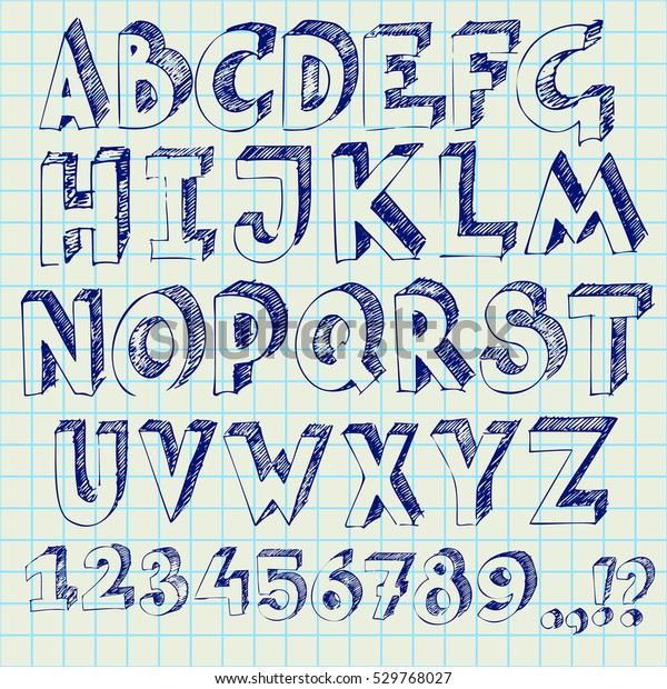 Alphabet pen hand drawing 3d lettering and numbers on notebook sheet.